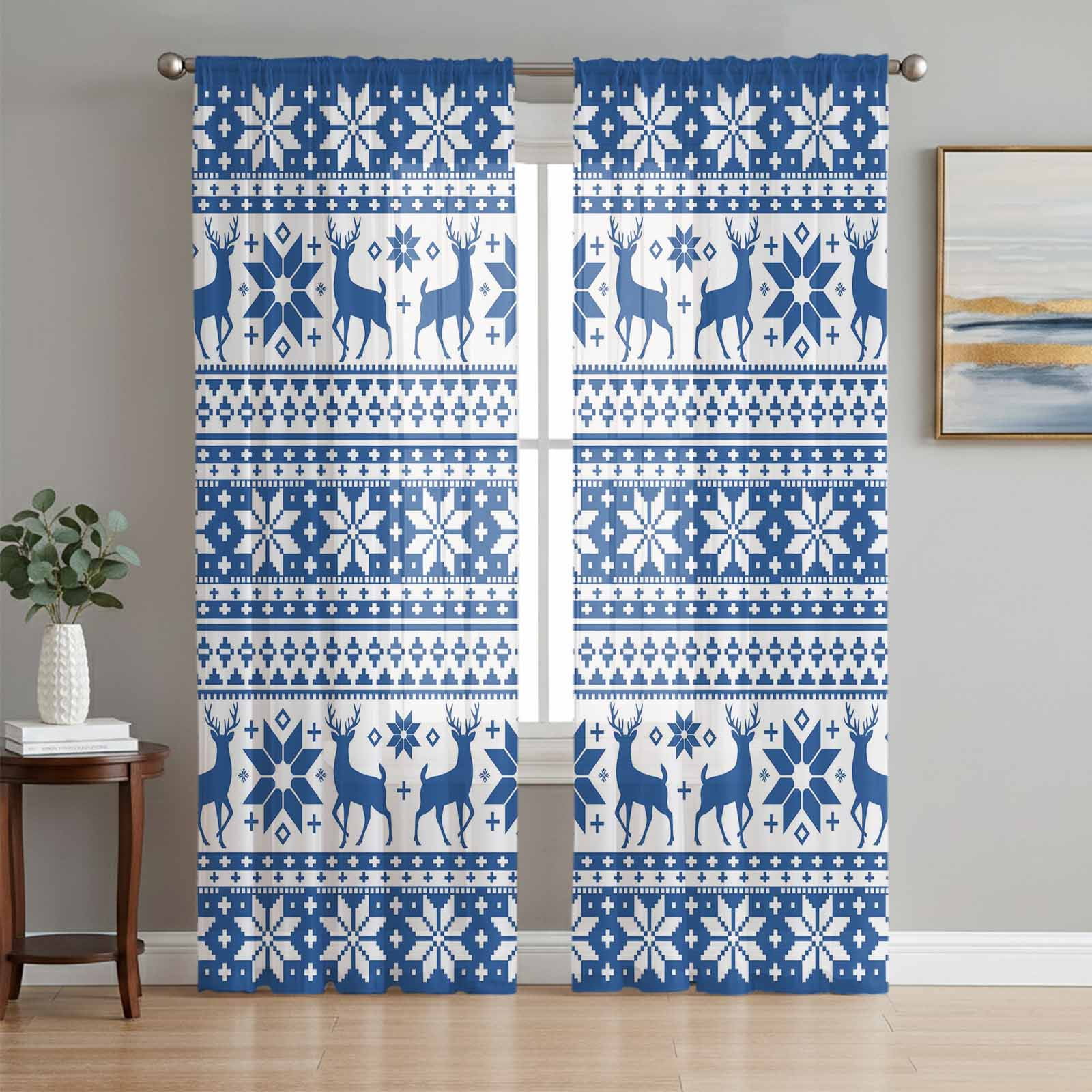 Christmas Boho Blue Sheer Curtains 96 Inch Length 2 Panels Set, Winter ...