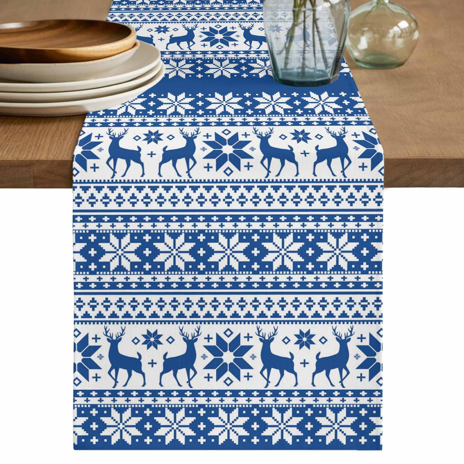 Christmas Boho Blue Table Runner 70 Inches, Winter Poinsettia Elk Xmas ...