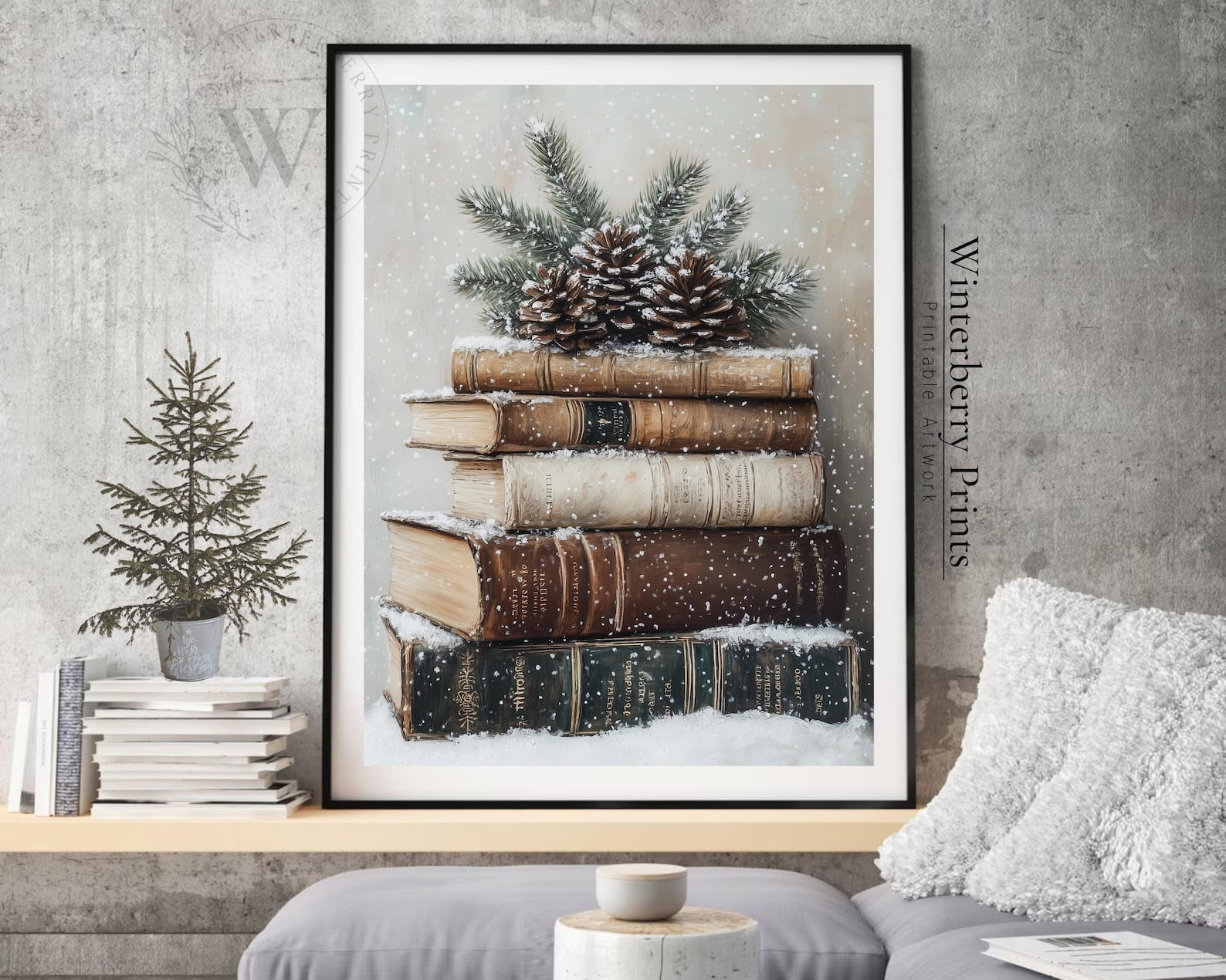Christmas Book Stack Print: Vintage Winter Wall Art, 12x18 UNFRAMED ...