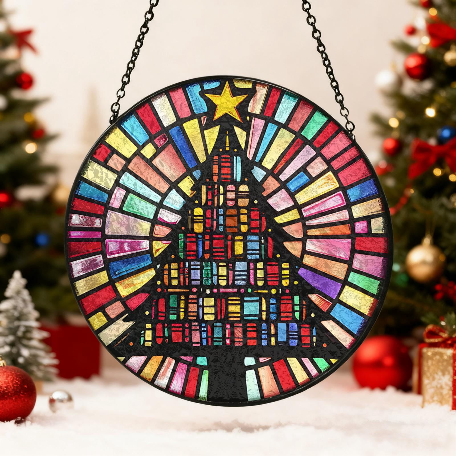 Christmas Book Tree Stained Glass Suncatcher Library Window Hanging ...