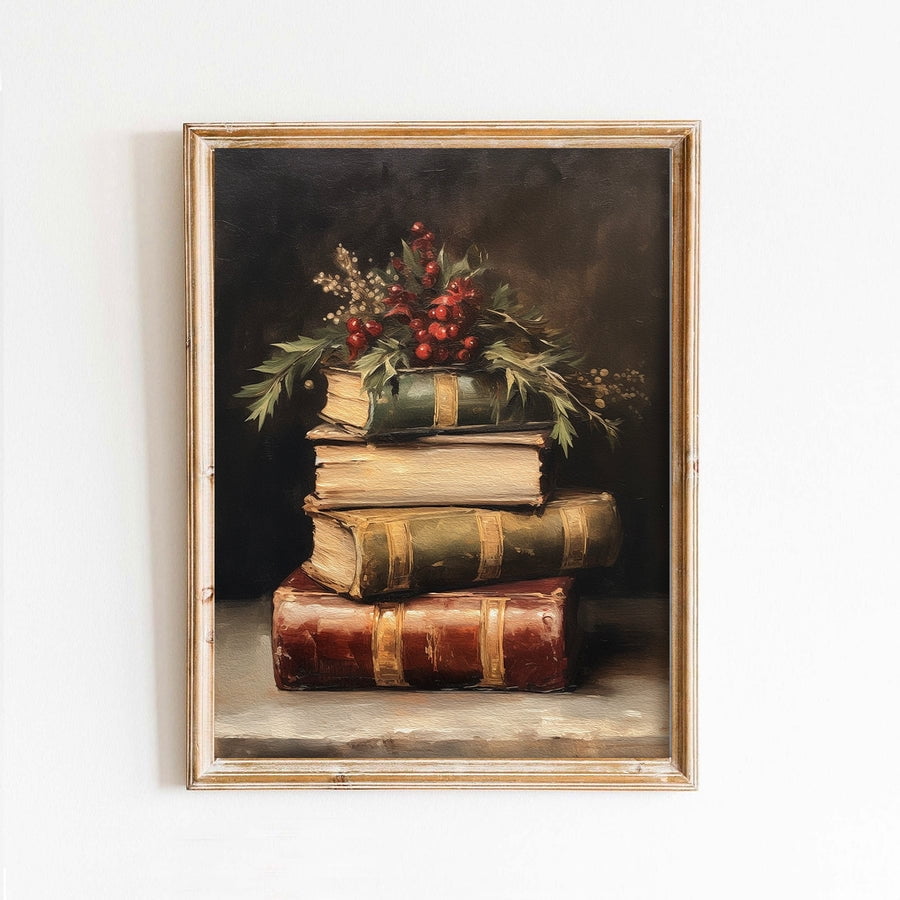 Christmas Books With Holly Art Print Poster Wall Decor Canvas Art ...