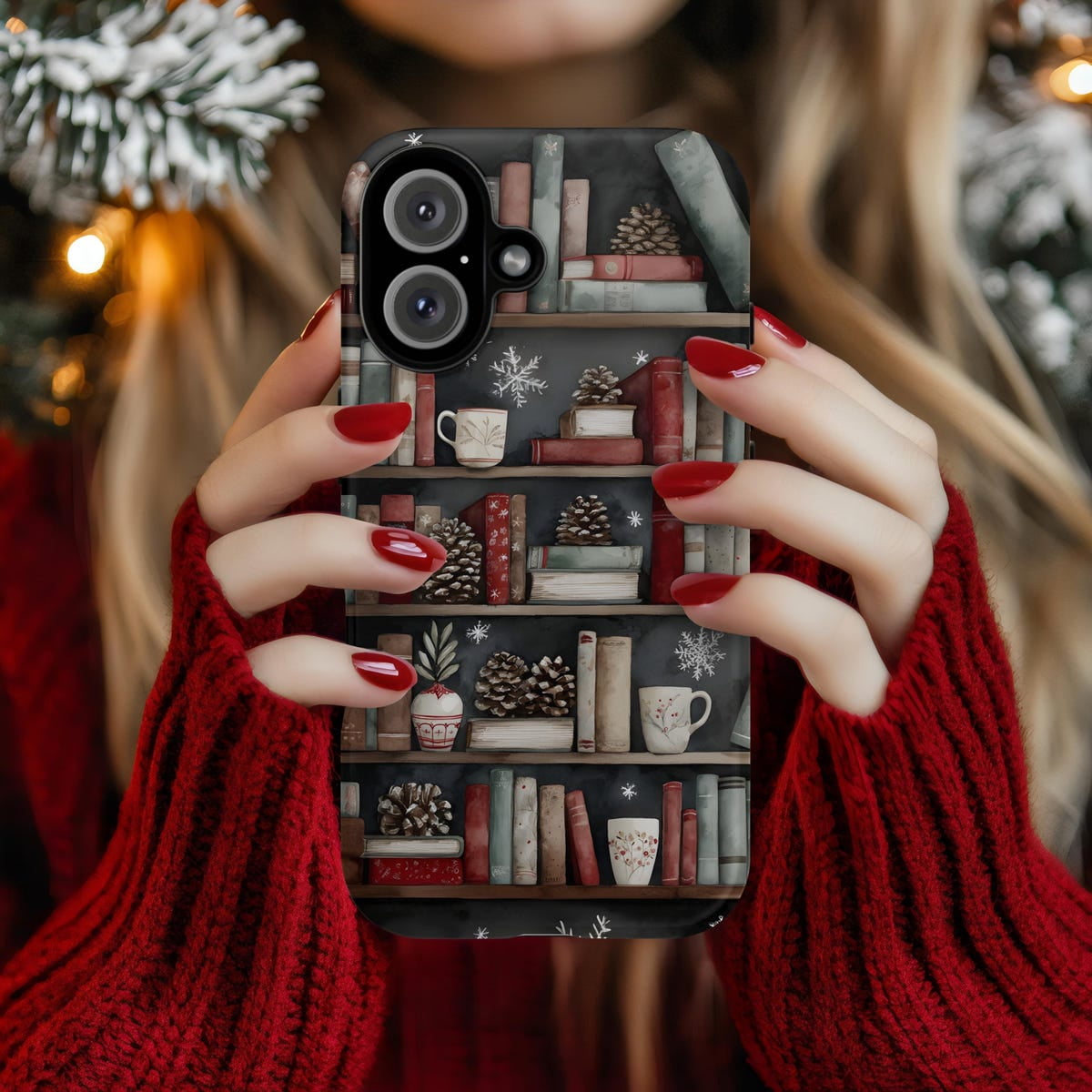 Christmas Bookshelf Cozy Winter Coffee Bookish Phone Case with iPhone ...