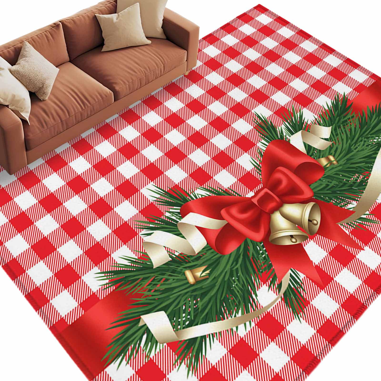 Christmas Bow Bell Area Rug 5x7ft Winter Evergreen Bough Red White ...