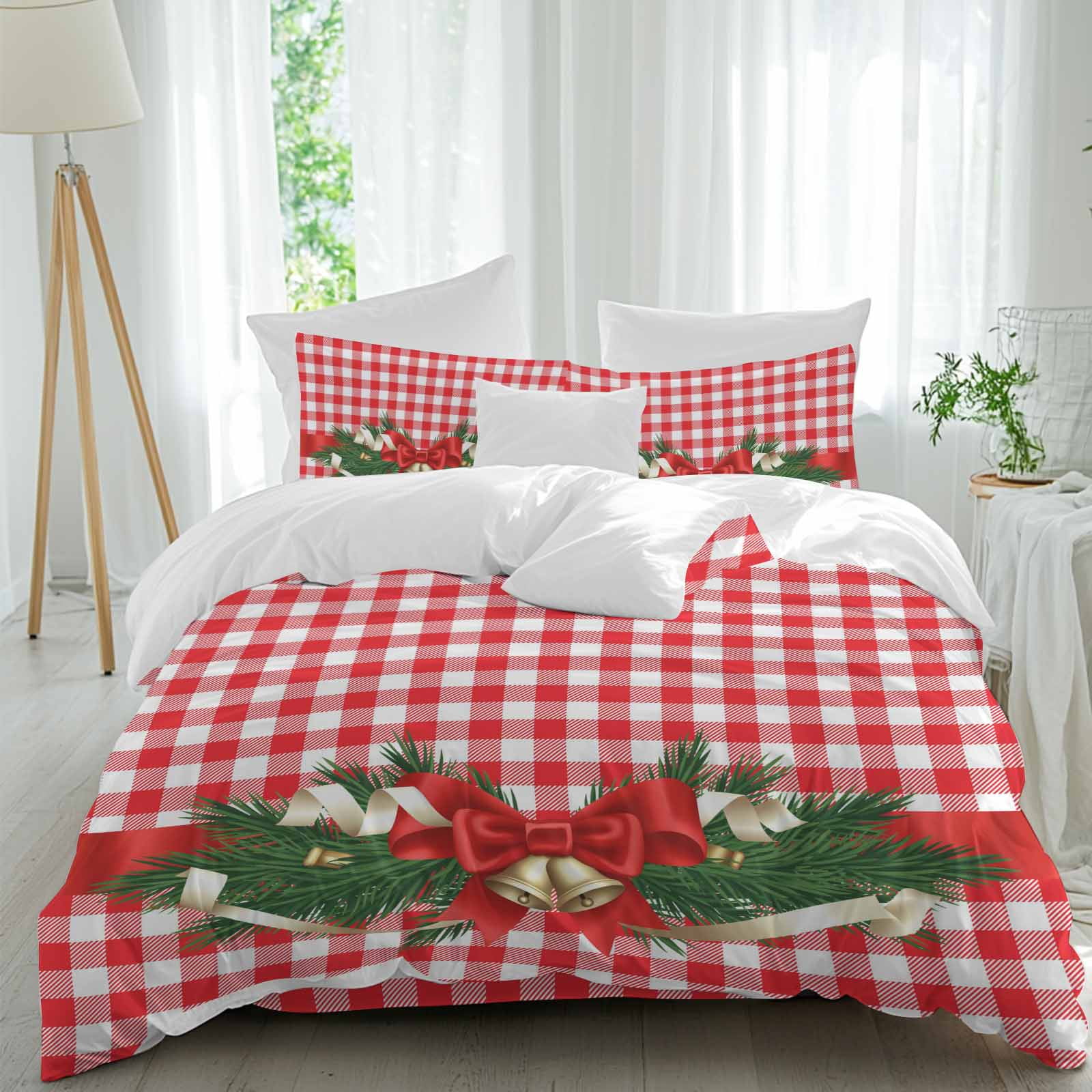 Christmas Bow Bell Duvet Cover Set Queen Size, Winter Evergreen Bough ...