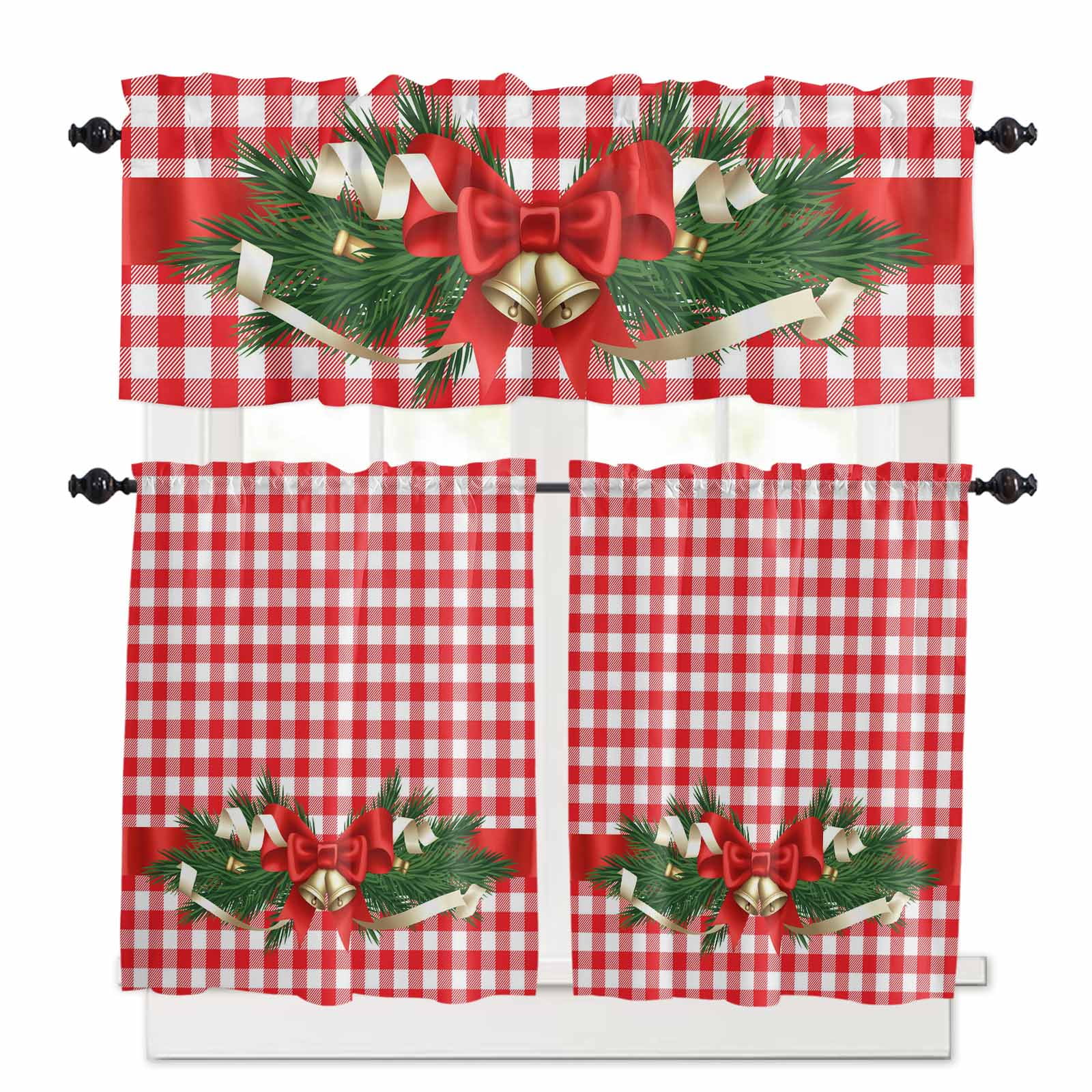 Christmas Bow Bell Kitchen Curtains Valances and Tiers Set of 3 Winter ...