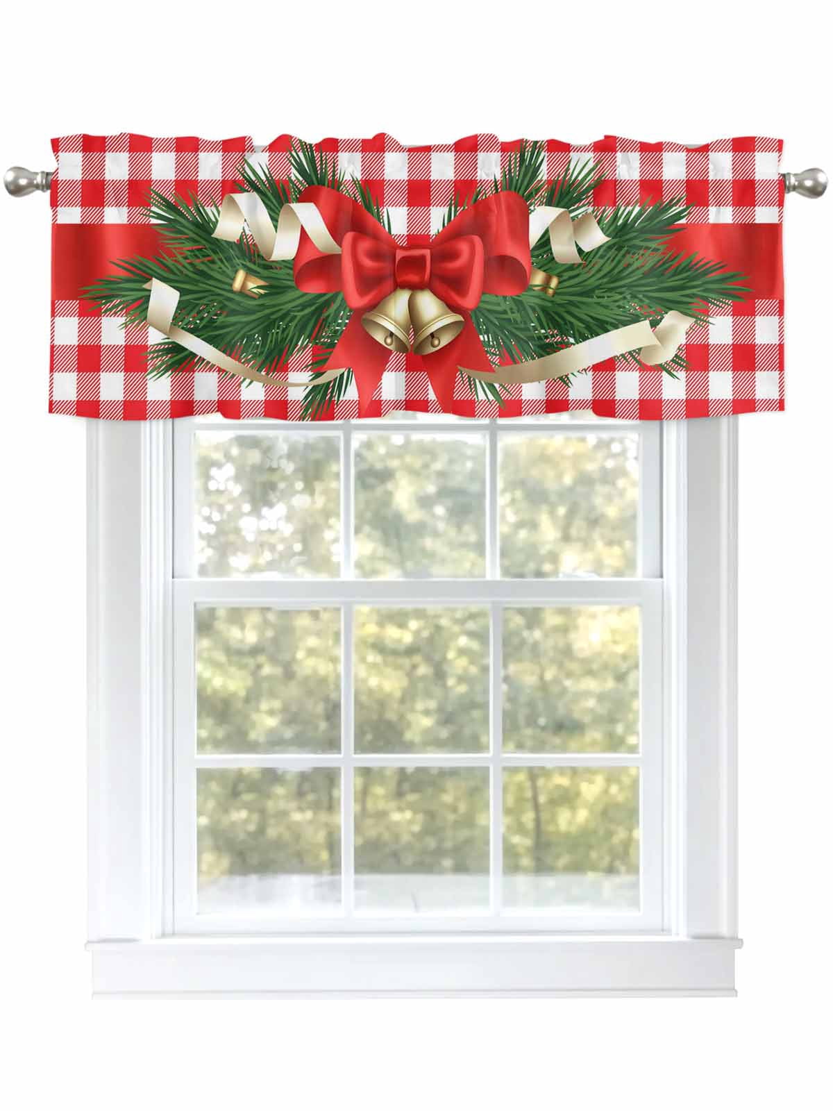 Christmas Bow Bell Valances for Windows Winter Evergreen Bough Red ...