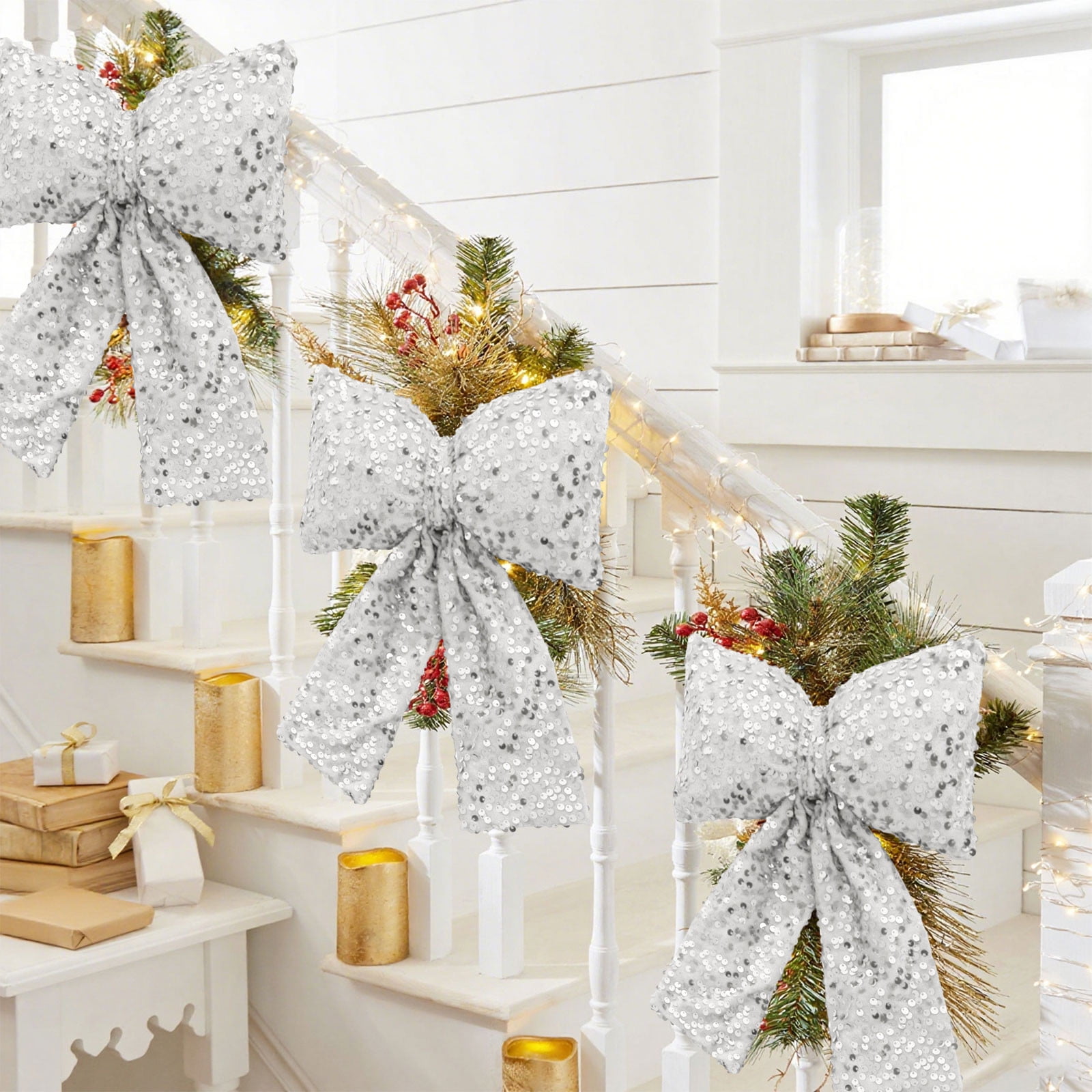 Christmas Bow Decorations, Sequined Bow Pendants, Large Silver Ornament ...