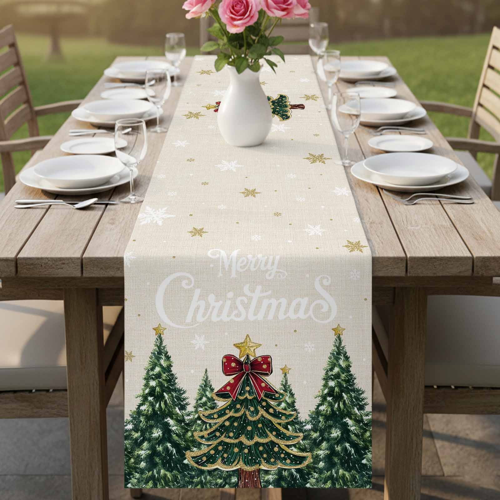 Christmas Bow Star Tree Table Runner 13x36in Non-Slip Cotton Linen ...