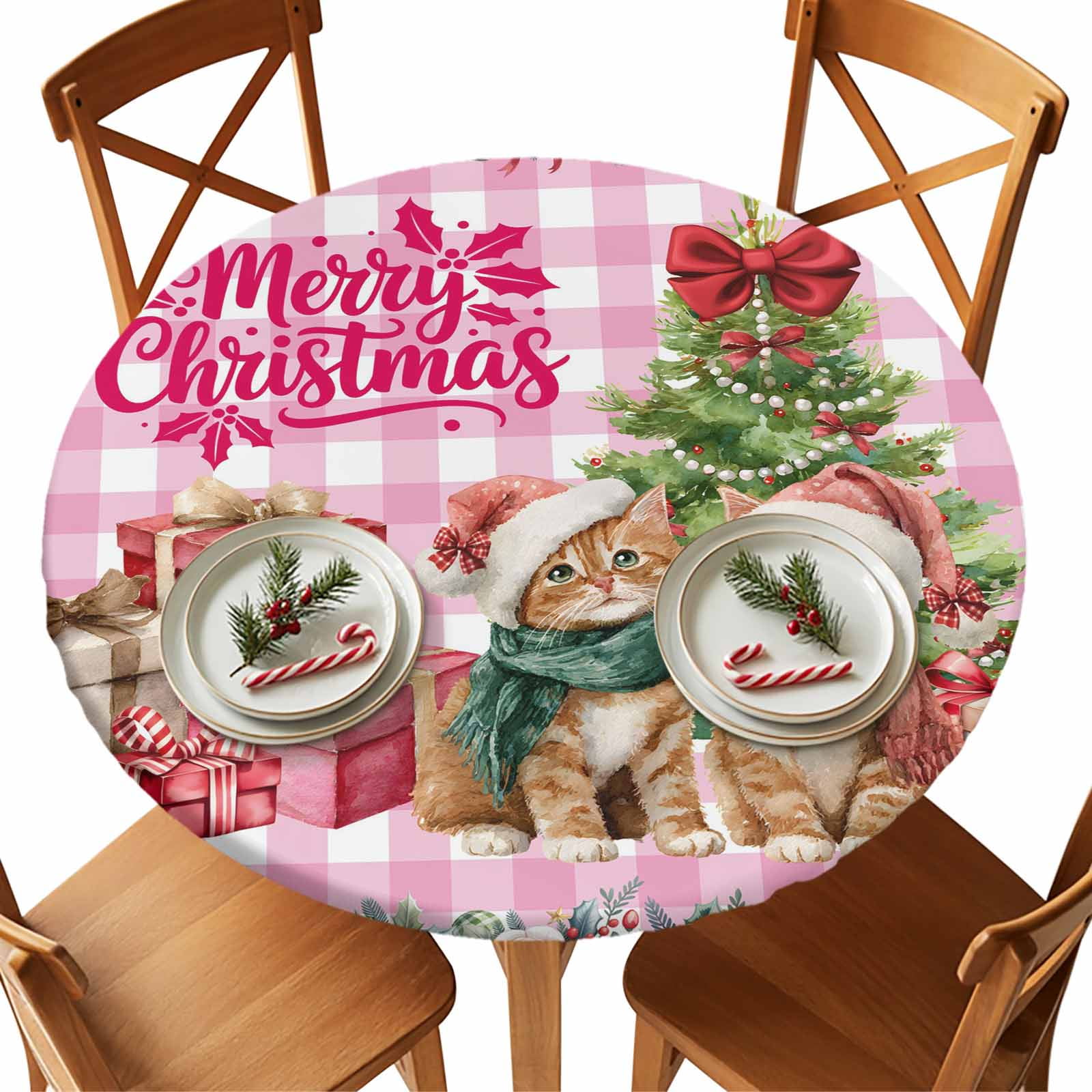 Christmas Bow Tree Fitted Round Tablecloths Elastic Edged Table Covers ...