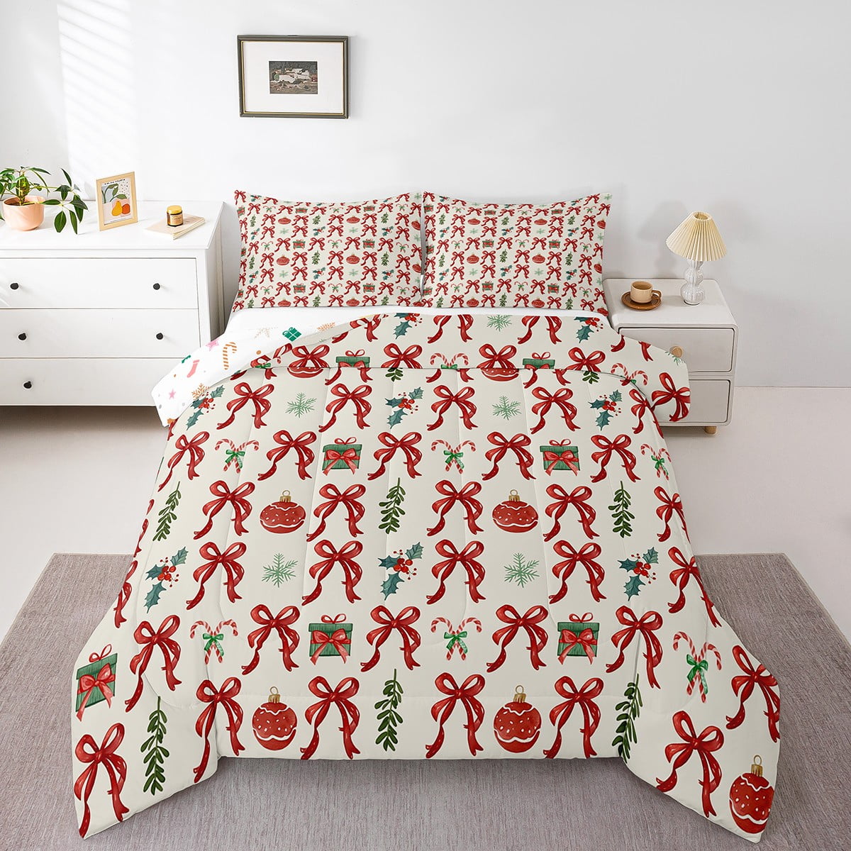 Christmas Bowknot Comforter Set Queen Size Xmas Berry Leaves Bedding ...