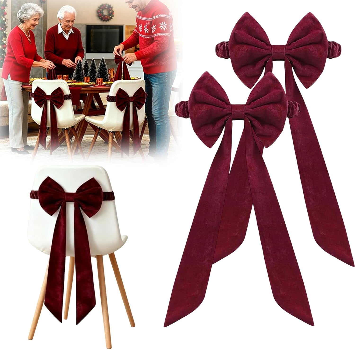 Christmas Bows for Chairs, 11.8” x 29.5“ Elastic Red Velvet Chair ...