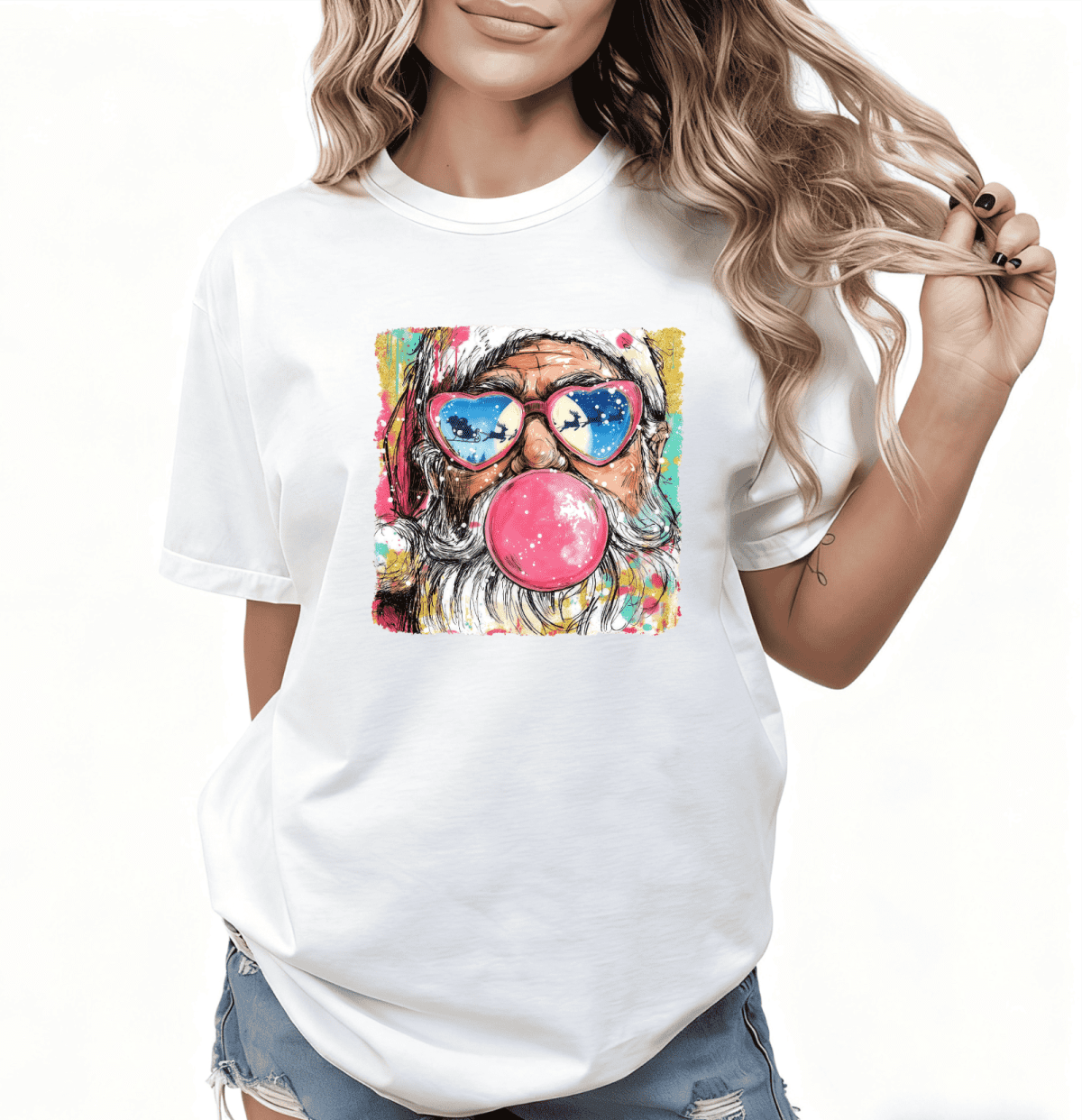 Christmas Bubble Gum Santa Graphic Tee T-Shirt Top Print Commuting ...