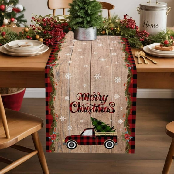 Christmas Buffalo Cotton Linen Table Runner Check Plaid Truck Tree Xmas ...