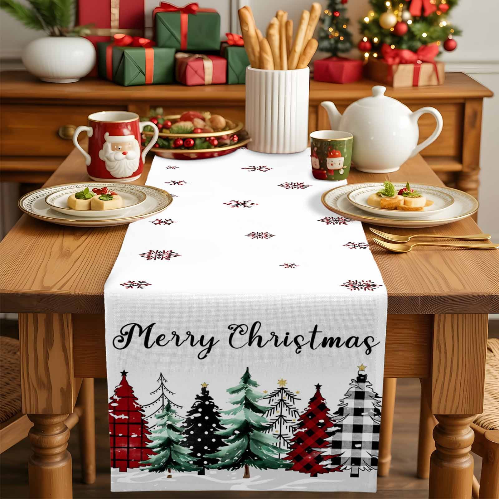 Christmas Buffalo Plaid Tree Table Runner 13x36in Non-Slip Cotton Linen ...