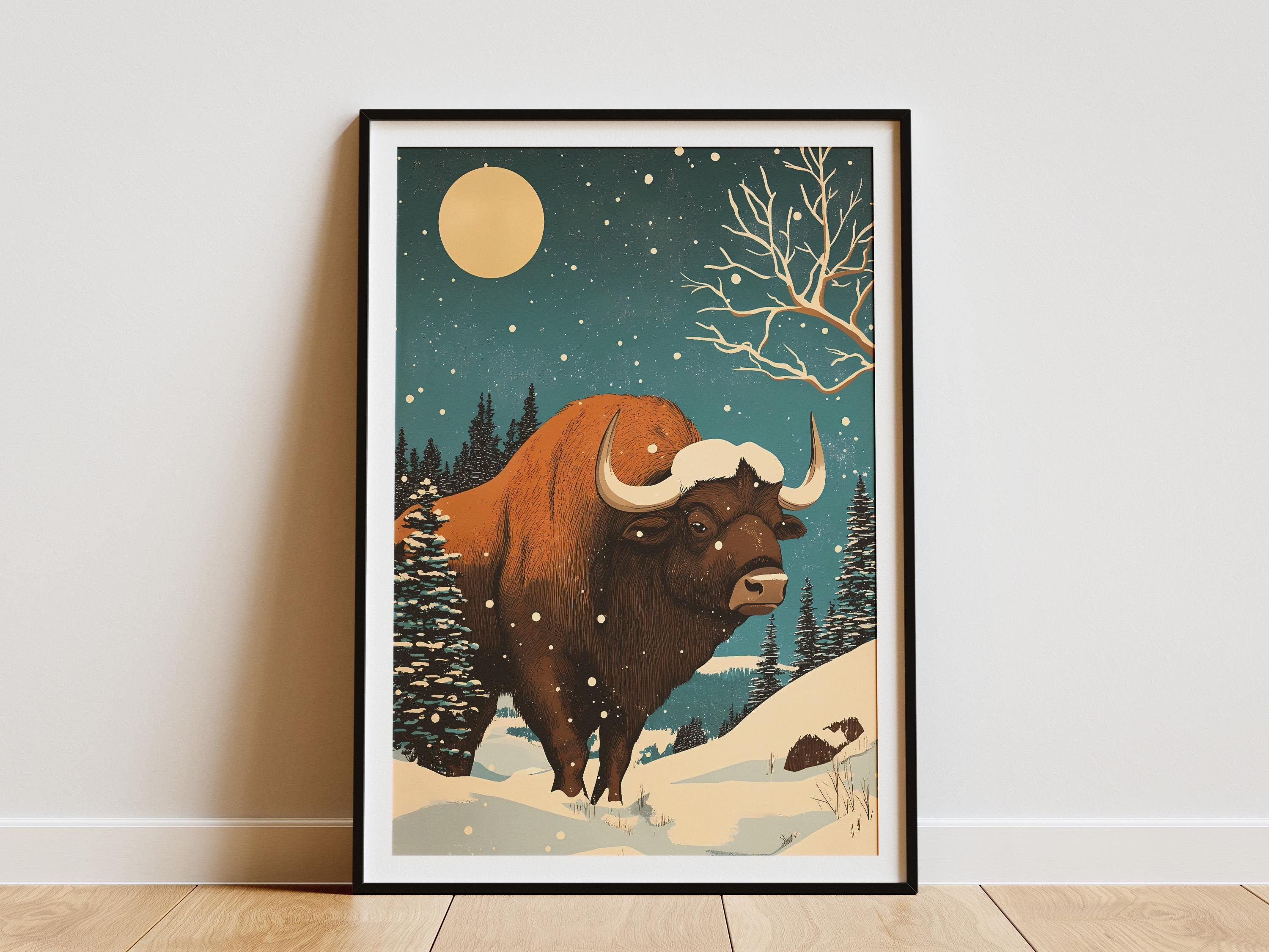 Christmas Buffalo in Snowy Prairie Vintage Festive Winter Animal Poster ...