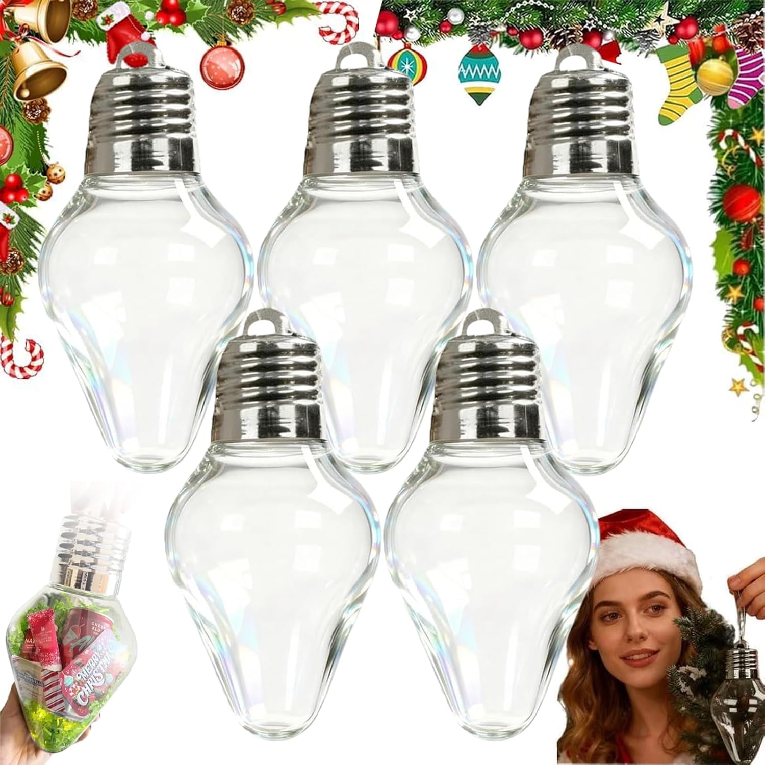 Christmas Bulb Gift Jar, Fillable Xmas Light Bulb Clear Ornaments ...