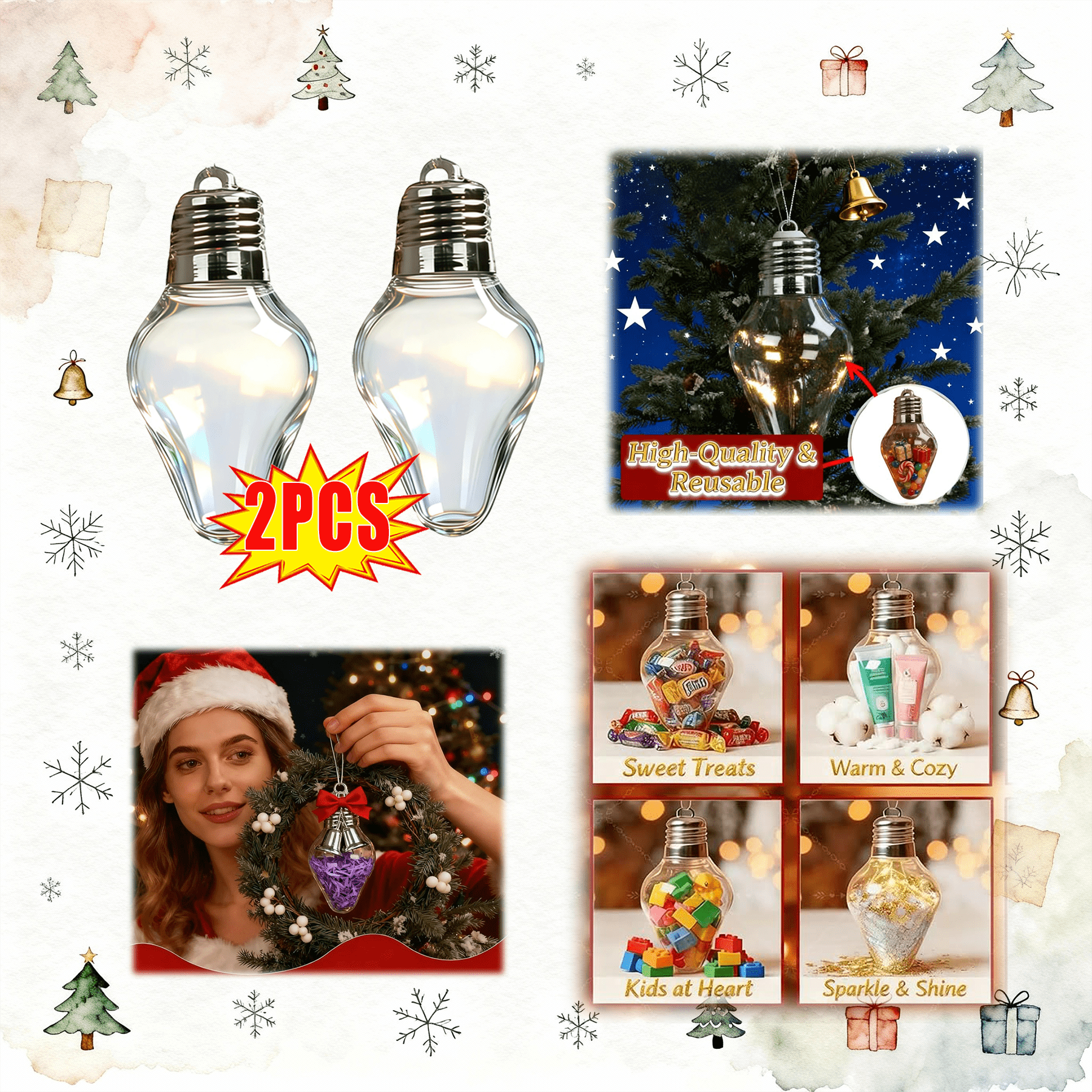 Christmas Bulb Gift Jar,Large Clear Fillable Light Bulb Ornaments with ...