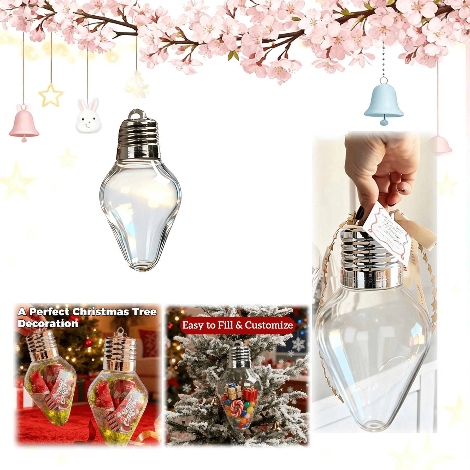 Christmas Bulb Gift Jar,Large Clear Fillable Light Bulb Ornaments with ...