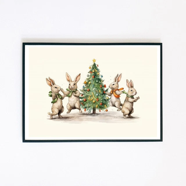 Christmas Bunnies Watercolour Rabbits Painting Illustration 7X5 Wall ...