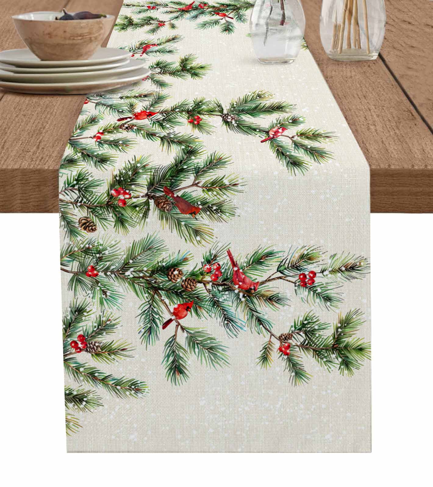 Christmas Burlap-Cotton Table Runner 120 Inches Long,Xmas Botanical ...
