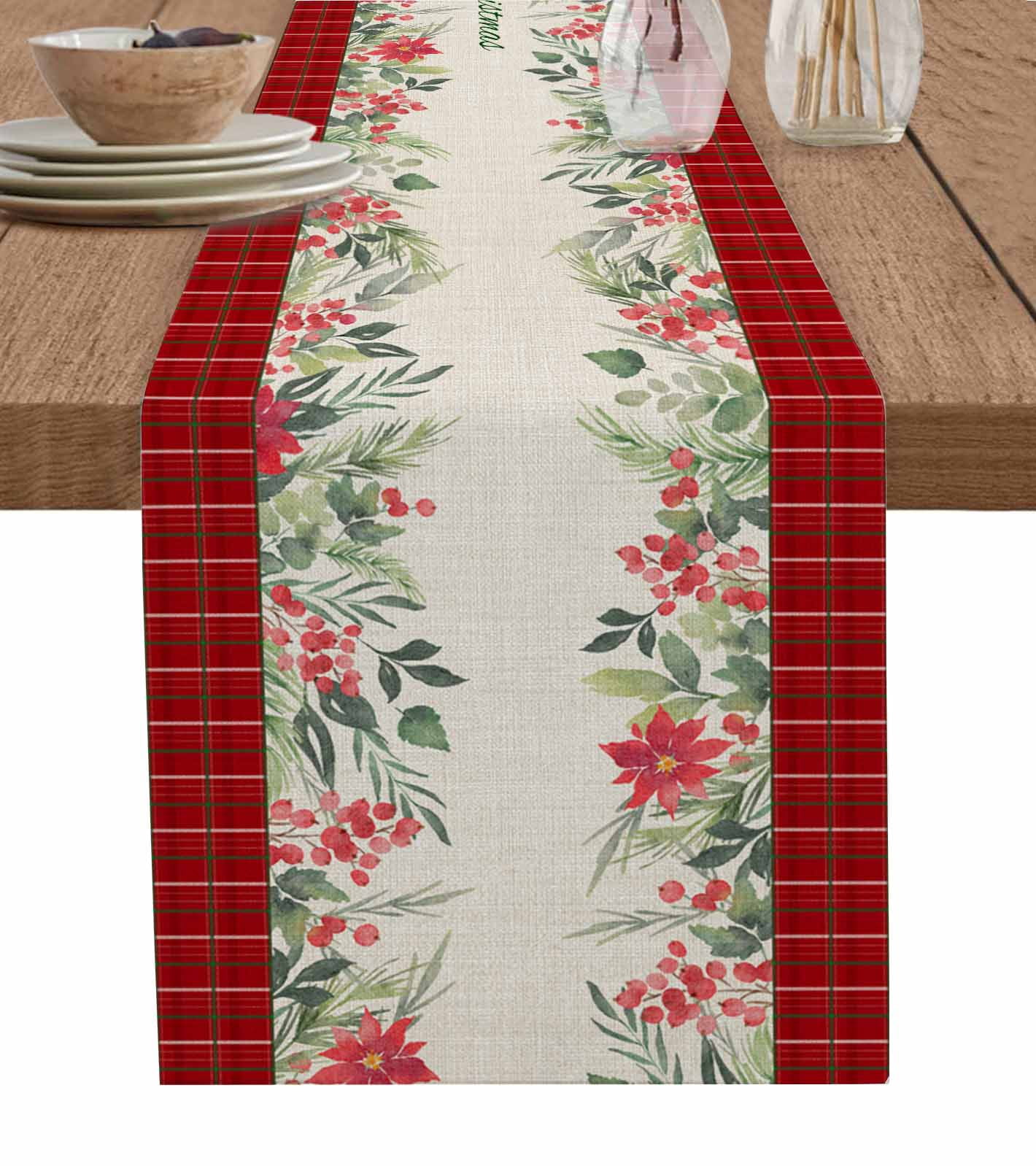 Christmas Burlap-Cotton Table Runner 72 Inches Long,Poinsettia Berry ...