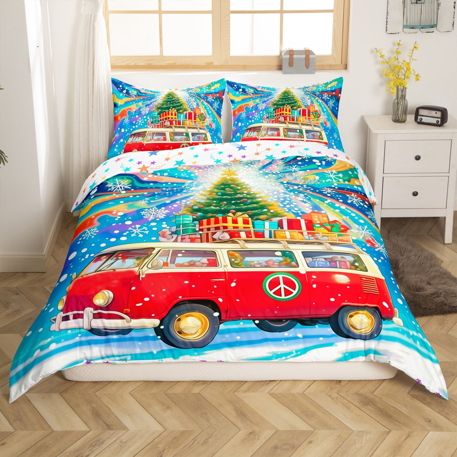 Christmas Bus Duvet Cover Set Queen Size,Rainbow Striped Snowflake ...