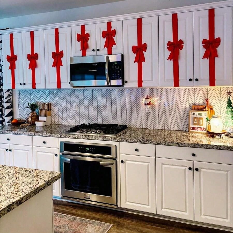 Christmas Cabinet Ribbons Bows,Xmas Kitchen Cabinet Door Red Ribbons ...