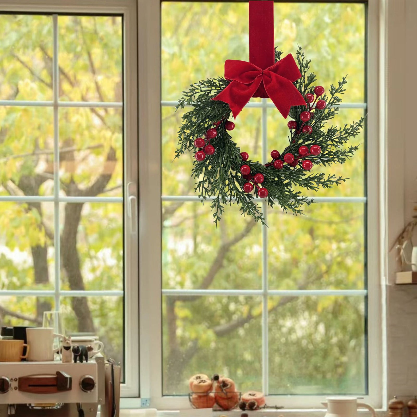 Christmas Cabinet Wreath, Mini Wreaths for Kitchen with Ribbon Bows Red ...