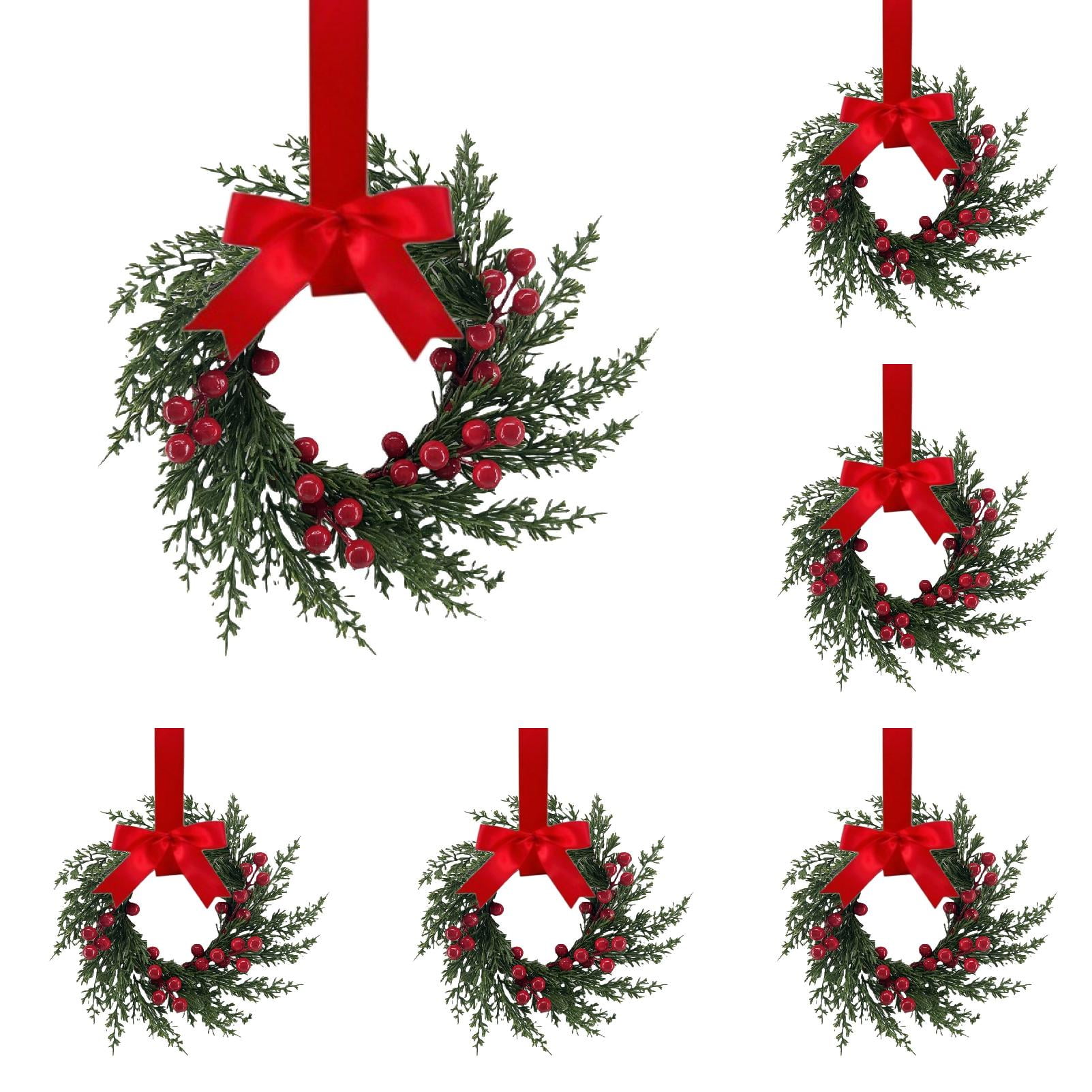 Christmas Cabinet Wreaths 6 Pack, Mini Red Ribbon Greenery Wreaths 10in ...