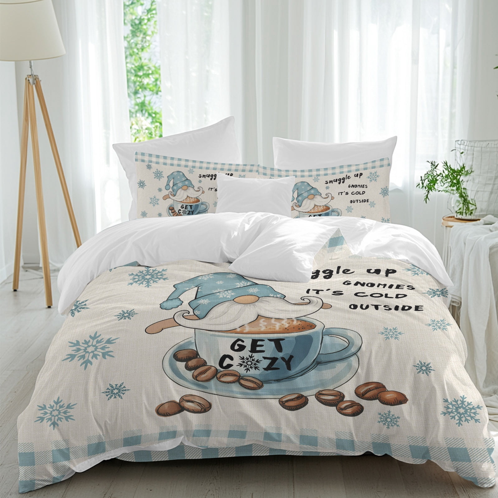 Christmas Caffe Latte Dwarf Queen Size Bed Set,Winter Snow Retro Linen ...