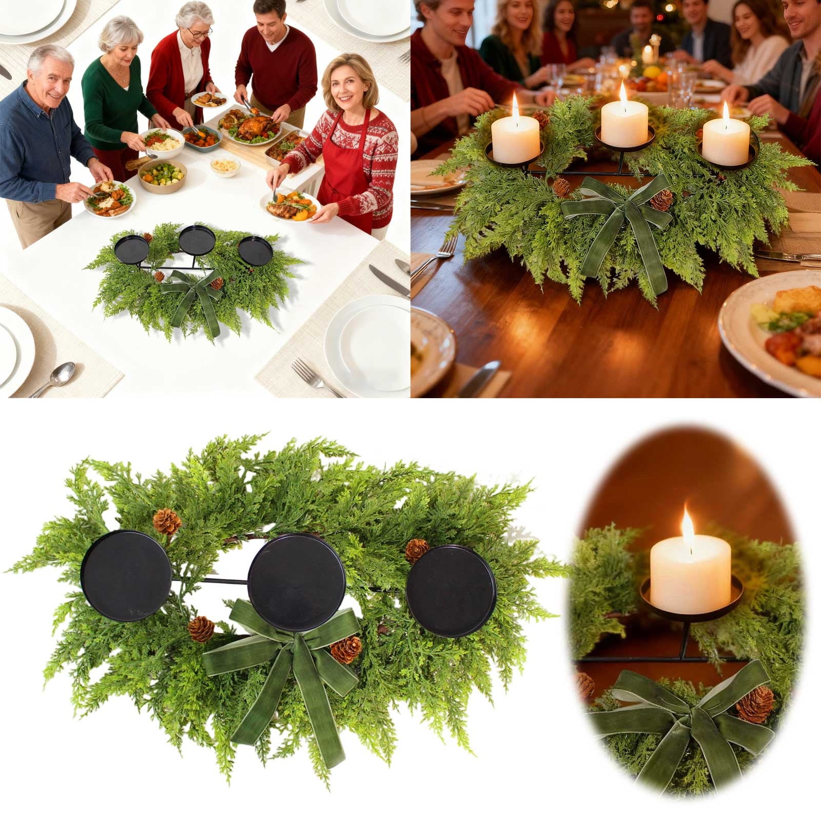 Christmas Candle Holder Centerpiece with Artificial Greenery Wreath ...