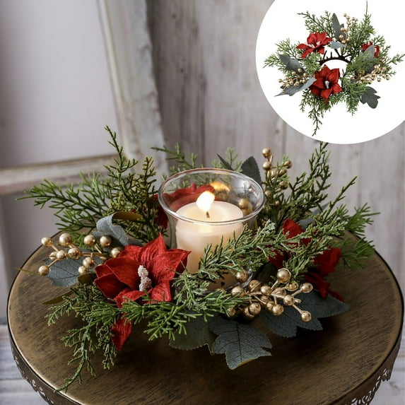 Christmas Candle Holder Wreath with Artificial Flowers - Festive Table ...