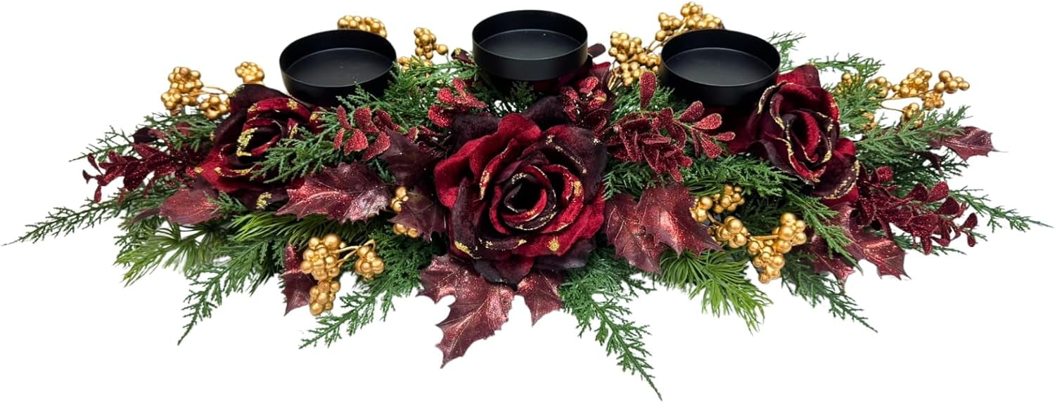 Christmas Candle Holder Xmas Decorations 3 Candle Holders with Burgundy ...