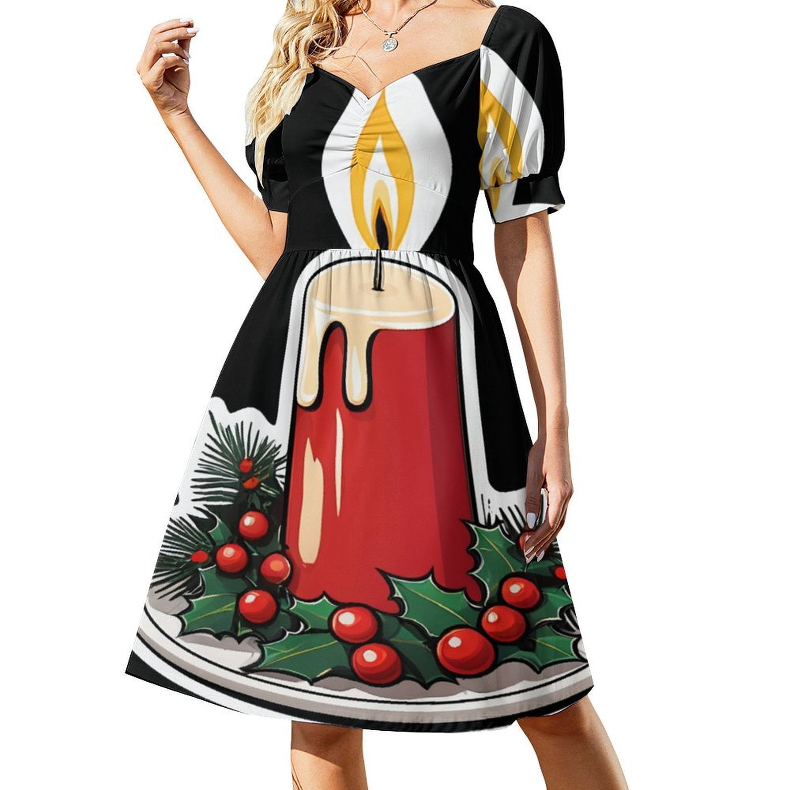 Christmas Candle Ornament Design Short Sleeve Dress Clothes Women's ...