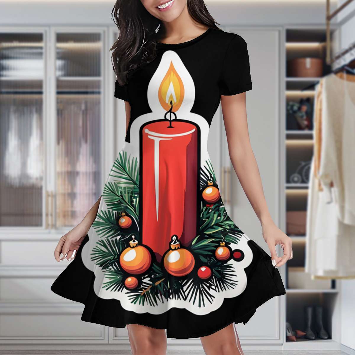 Christmas Candle Ornaments Decor Women's Classic Swing Skater Dress ...
