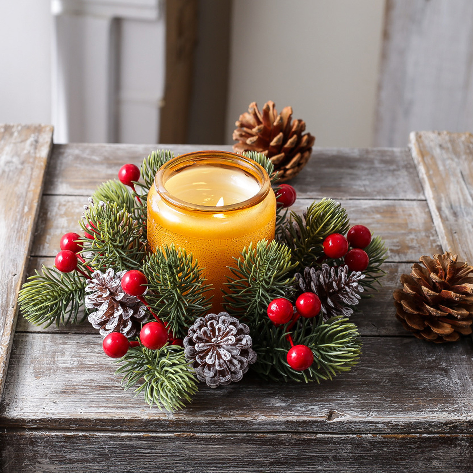 Christmas Candle Ring Garland Pines Cones Red Berry Christmas Candle ...