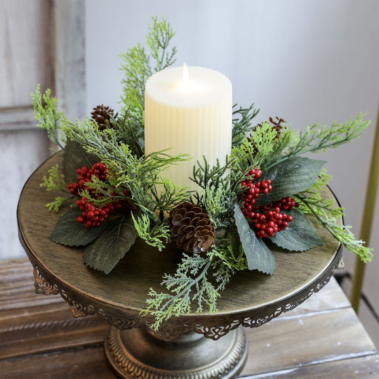Christmas Candle Rings,Artificial Norfolk Pine Garland Red Berry ...