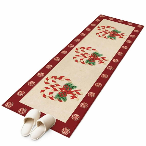 Christmas Candy Cane 2'x6' Runner Rug, Xmas Red Bow Pine Branch Retro ...