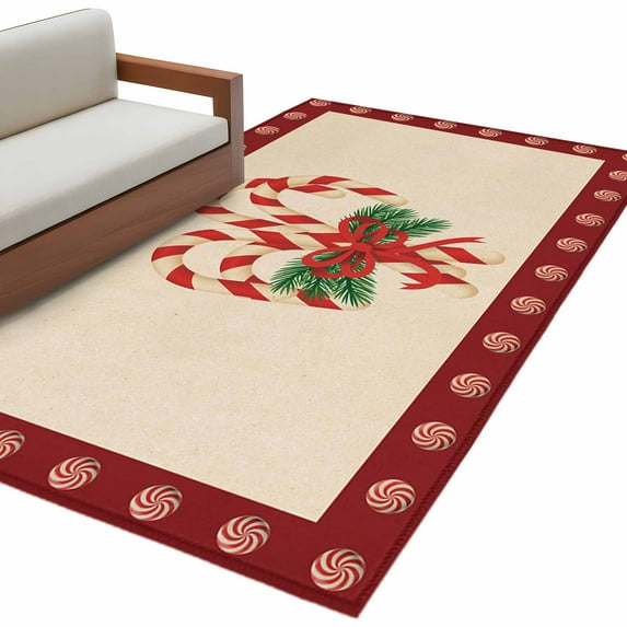 Christmas Candy Cane Area Rug 3x5ft Red Beige Candy Winter Pine Branch ...