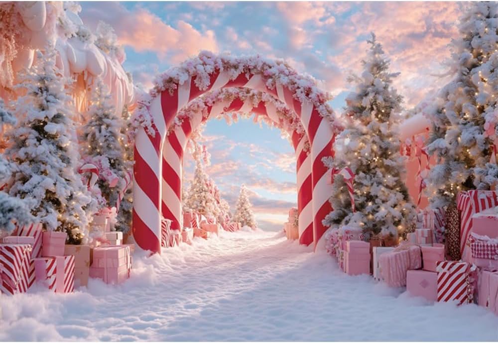 Christmas Candy Cane Backdrop Winter Wonderland Pink Clouds Snowland ...