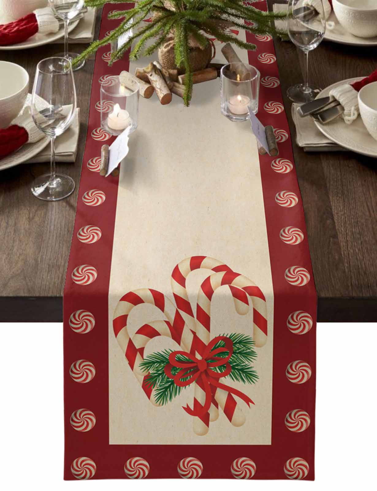 Christmas Candy Cane Cotton Linen Table Runner for Dining Kitchen, Xmas ...