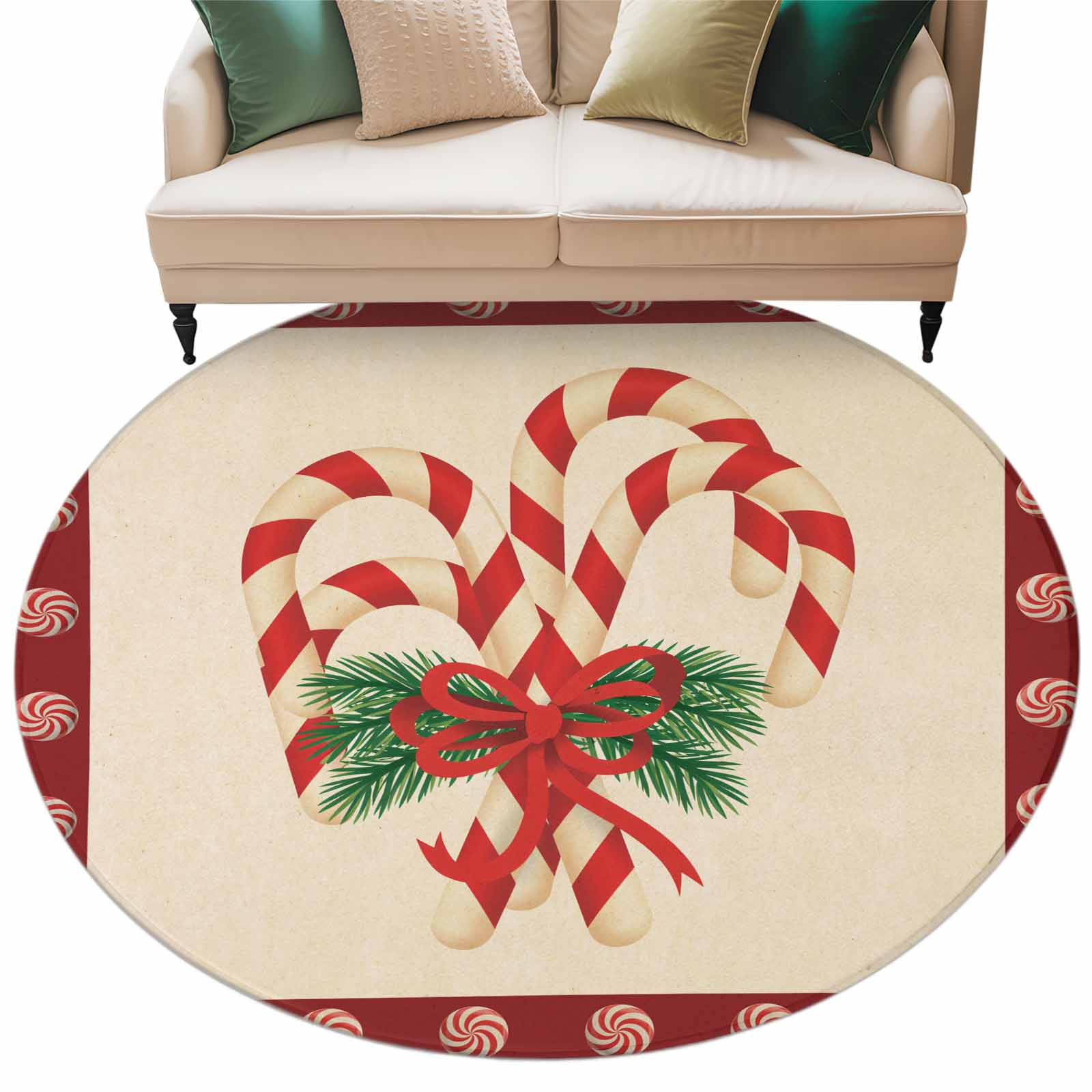 Christmas Candy Cane Round Area Rug 5ft Washable Large Round Rug for ...