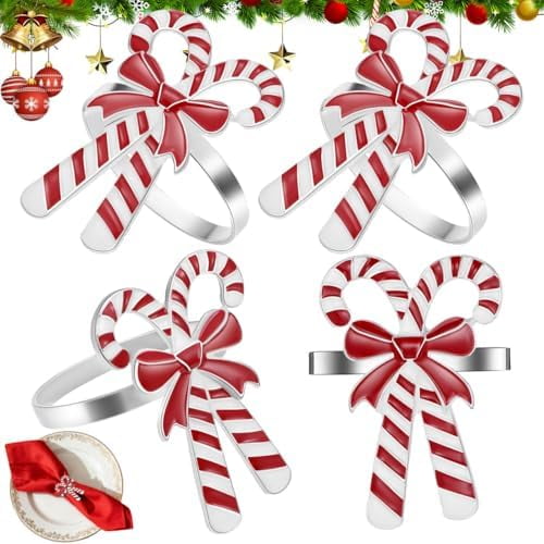 Christmas Candy Cane Shaped Napkin Holders, 4PCS Bow Napkin Ring ...