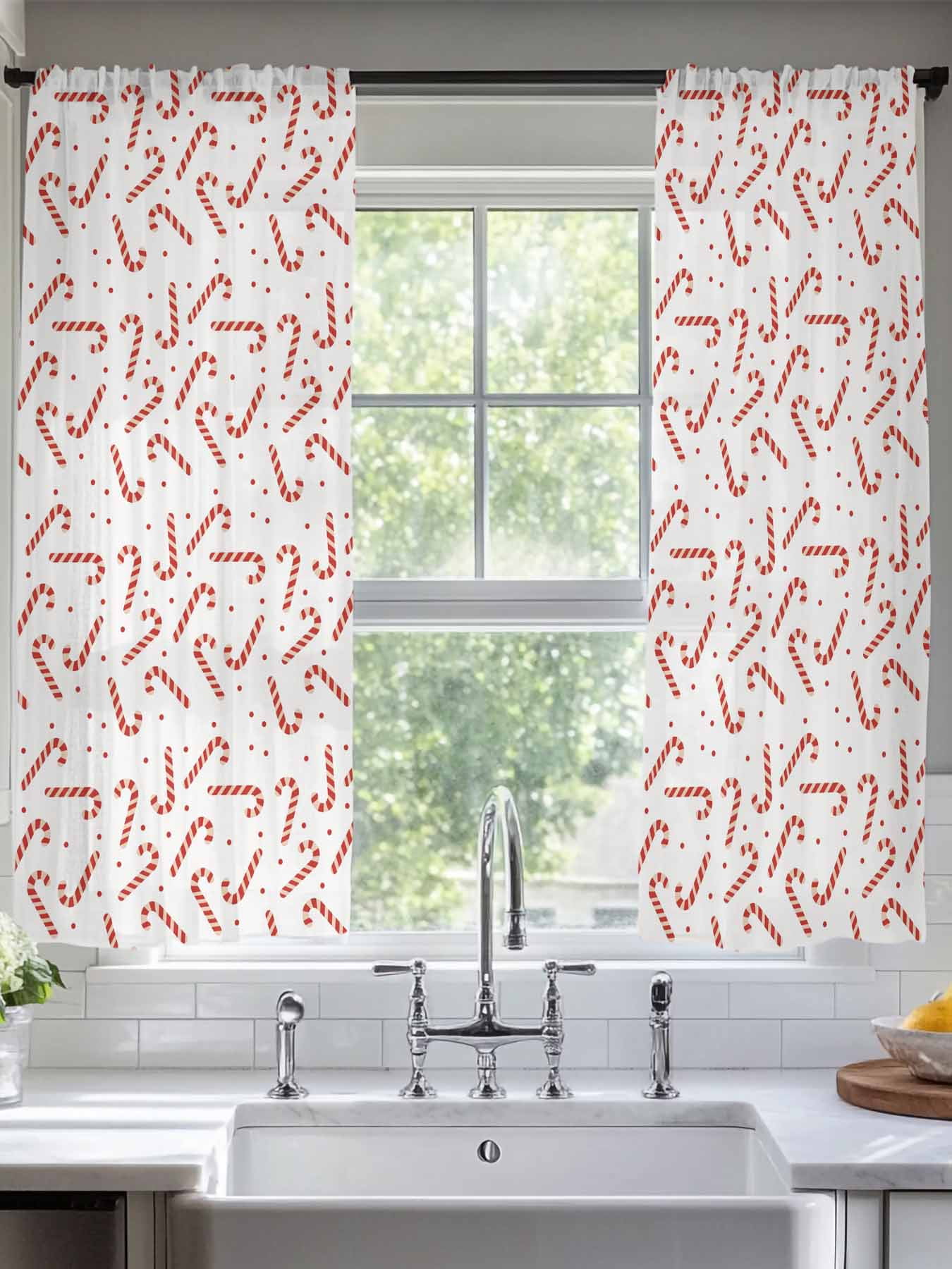 Christmas Candy Cane Sheer Curtains 2 Panels Set, 52" W x 72" L Striped ...