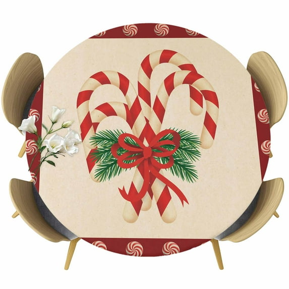 Christmas Candy Cane Table Cloth, Round Fitted Tablecloths with Elastic ...