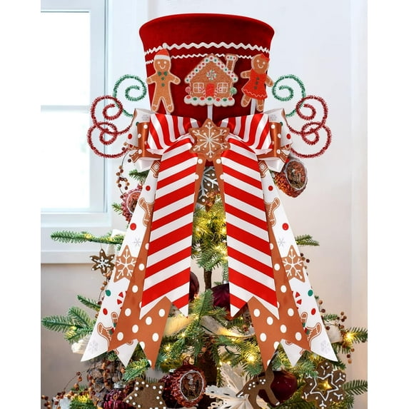 Christmas Candy Canes Tree Topper Red Hat with Peppermint Bows Ornament ...