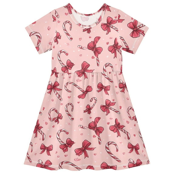 Christmas Candy Canes and Bows Short Sleeve Dress A-Line Cute Midi ...