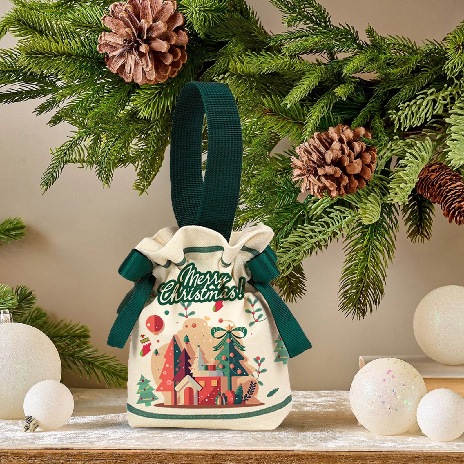 Christmas Candy Canvas Bag Holiday Party Apples Drawstring Handbag ...