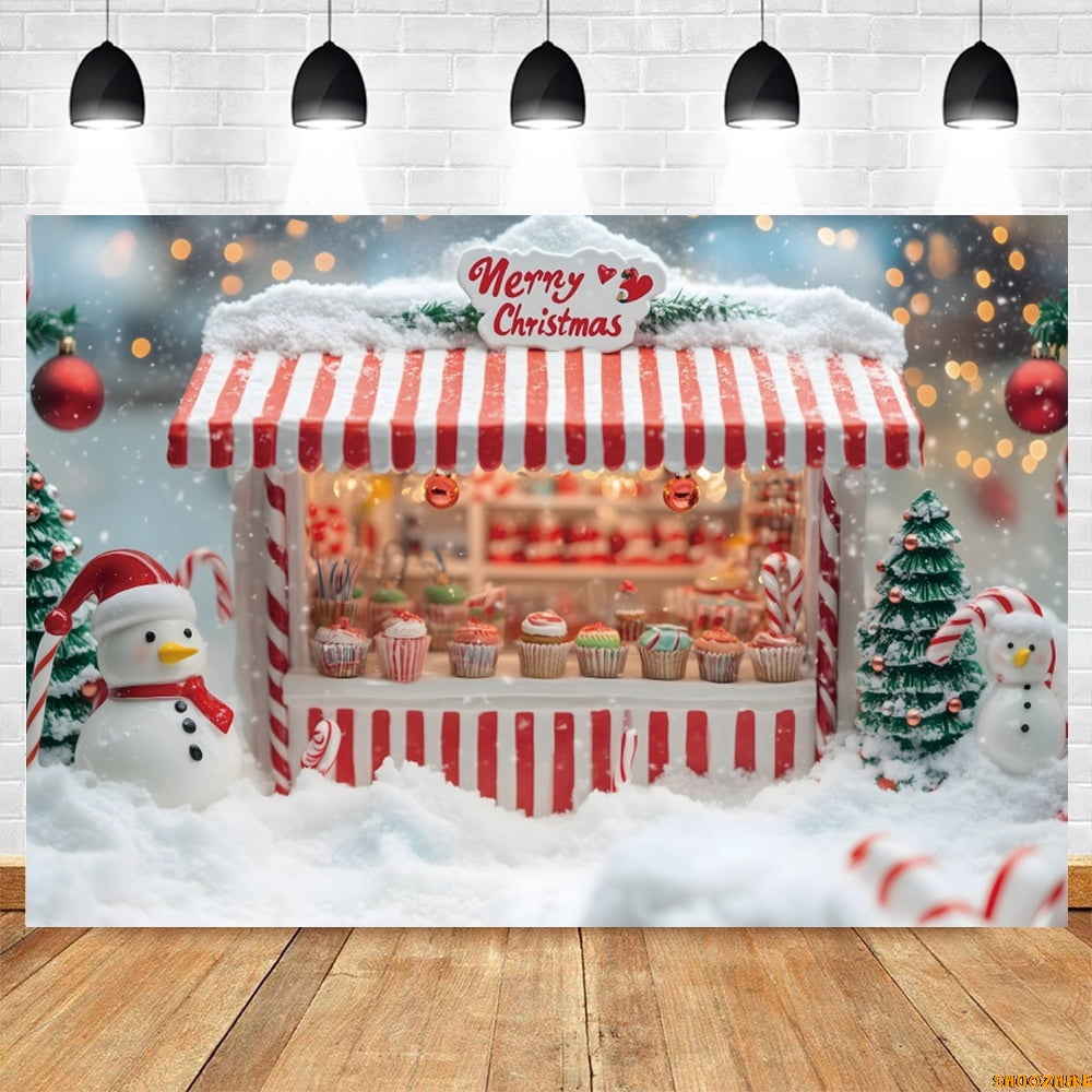 Christmas Candy Cart Backdrop Cupcake Snow Snowman Xmas Tree Kids ...