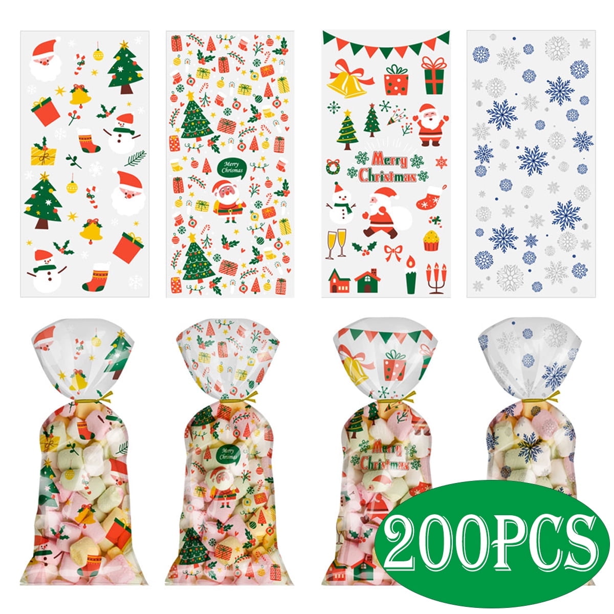 200PCS Christmas Candy Cellophane Bags with Gold Twist Ties, Holiday ...